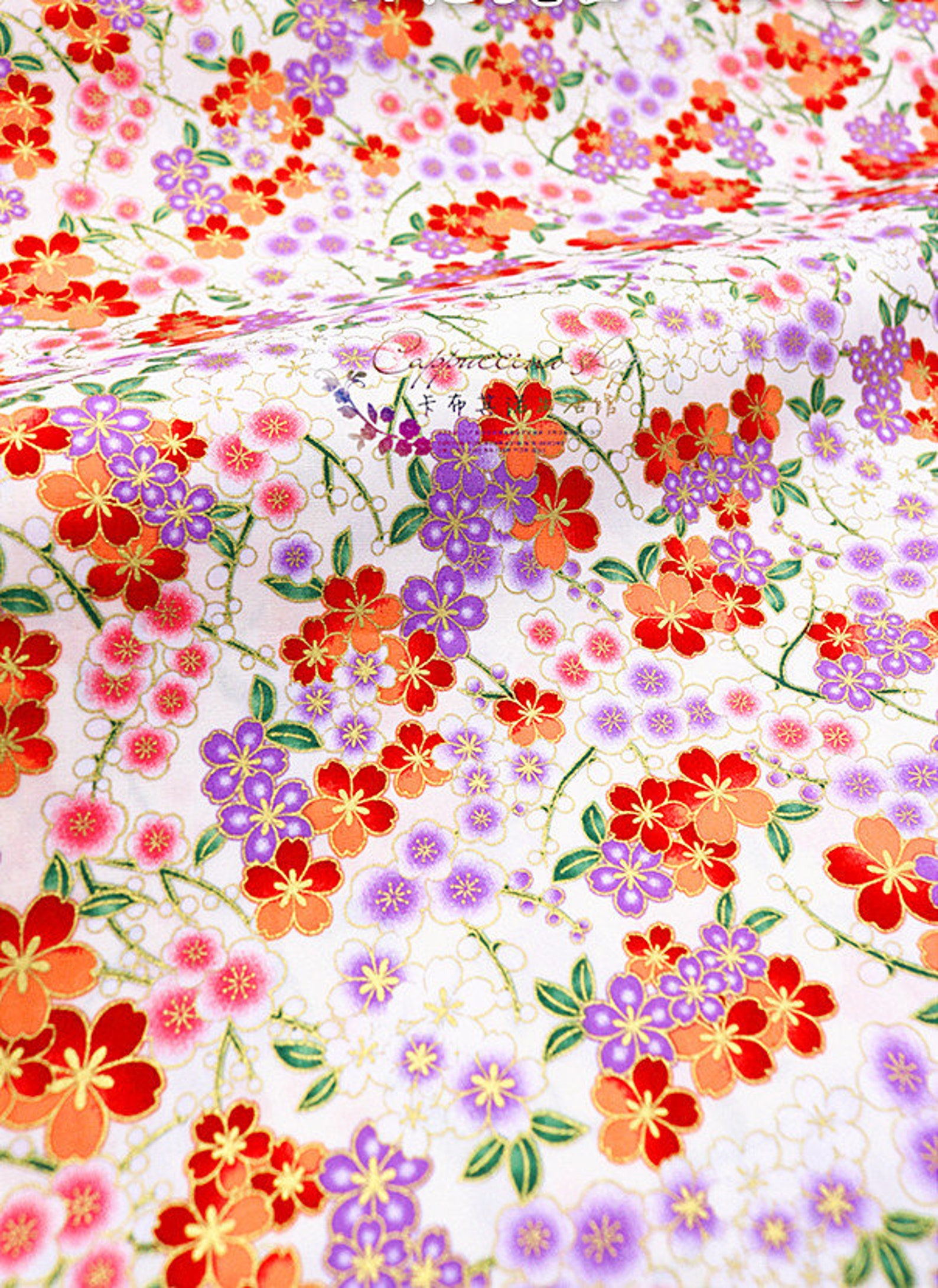 Sakura Flowers Cotton Fabric Japanese Kimono Fabric,floral on Red Blue ...