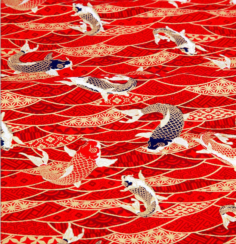 Cotton Linen Fabric Japanese Kimono Fabric, Fish on Red Black With ...