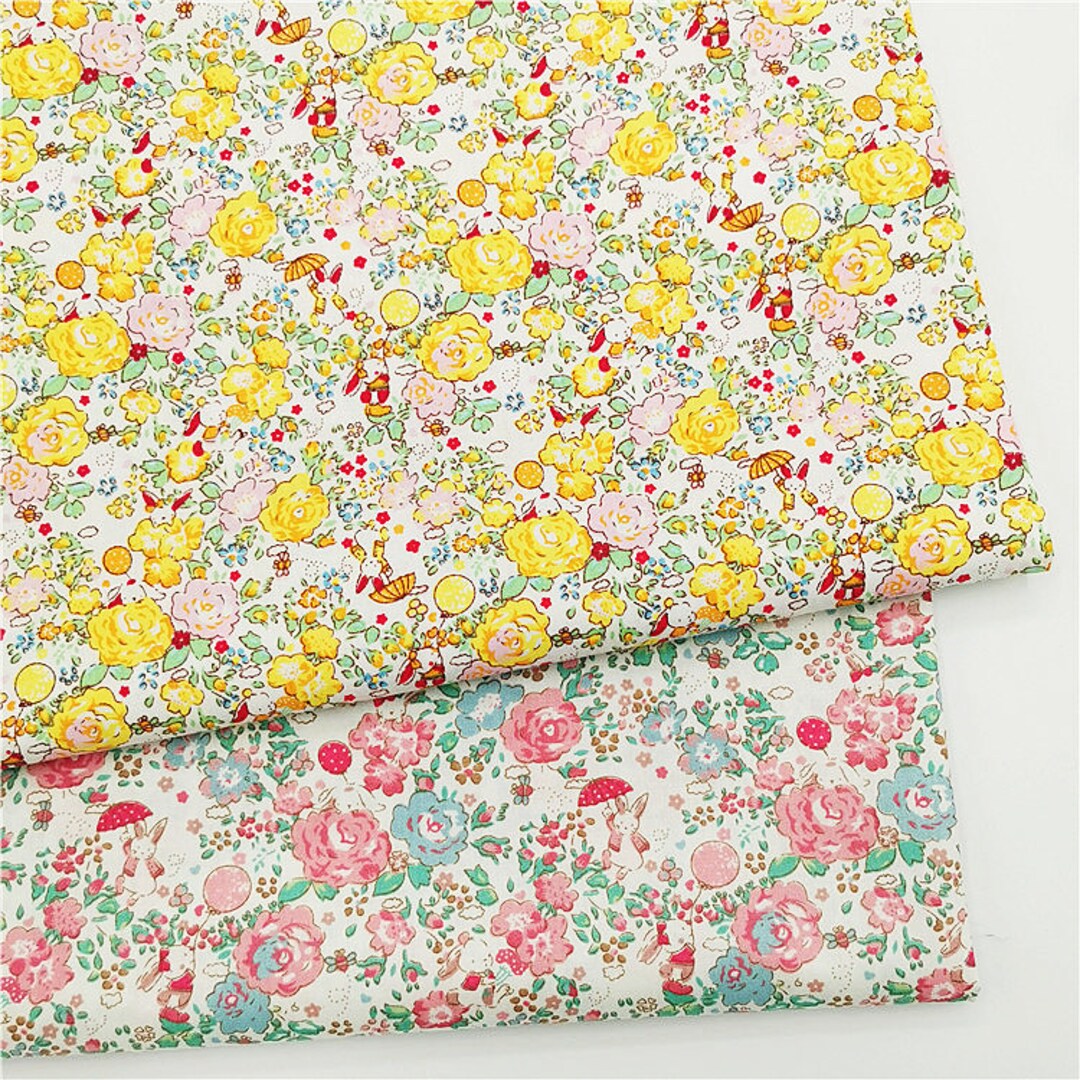 Small Florals Cotton Fabric, Pink Yellow Flowers Cotton Baby Cotton ...