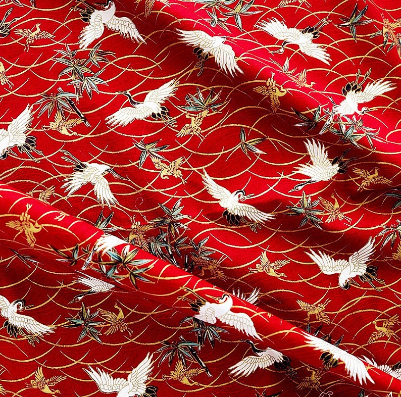 Japanese Style Fabric White Crane Cotton Fabric With Gilding - Etsy