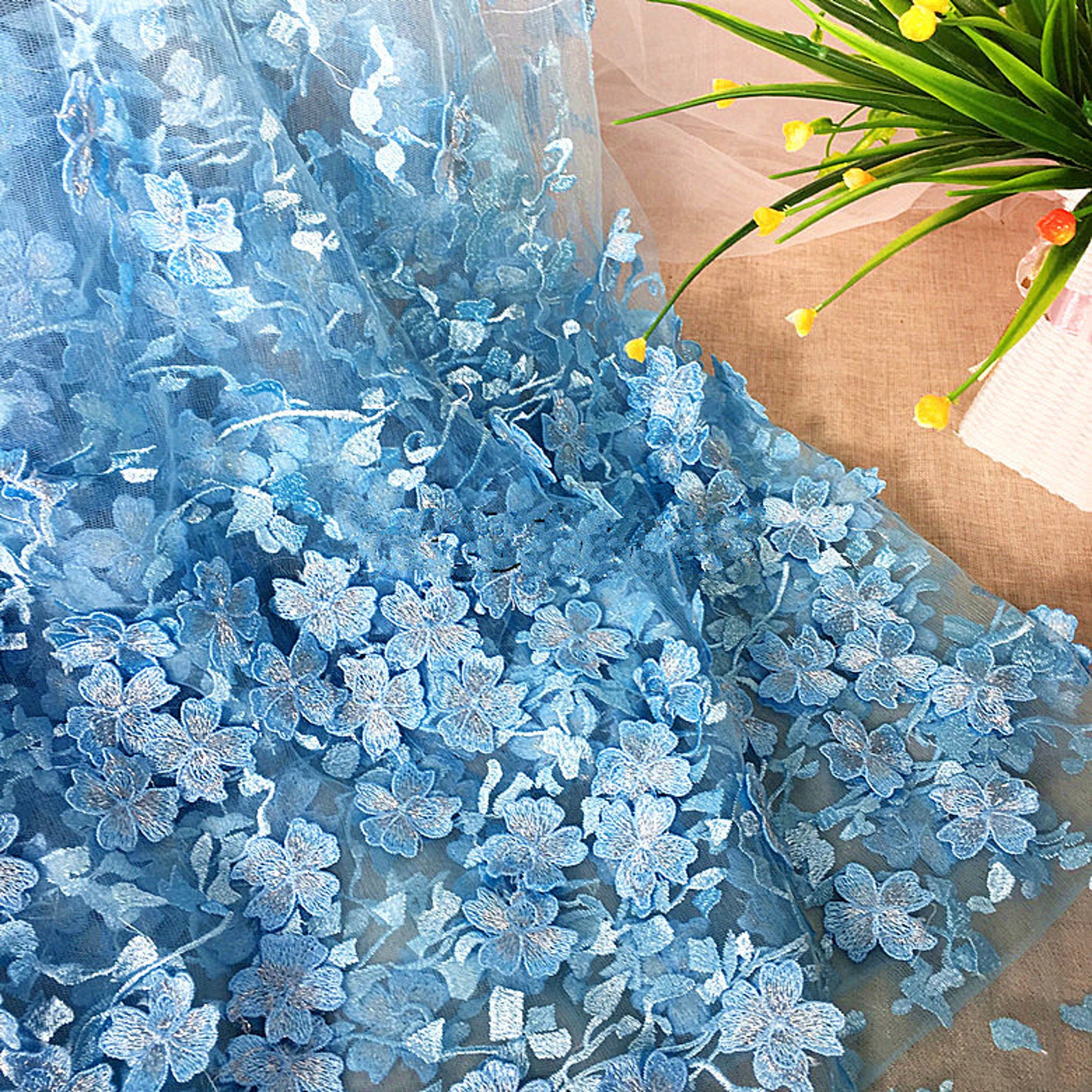 Flower Lace Fabric Blue Pink Florals Embroidered Lace Wedding Bridal ...