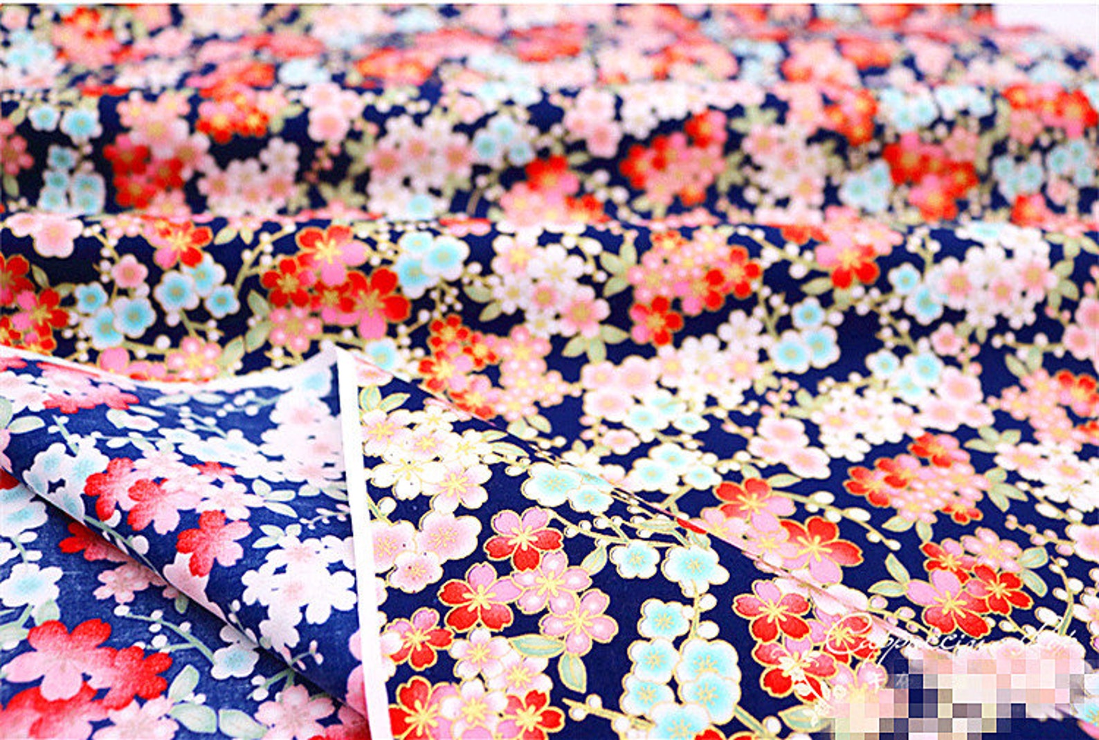 Sakura Flowers Cotton Fabric Japanese Kimono Fabric,floral on Red Blue ...