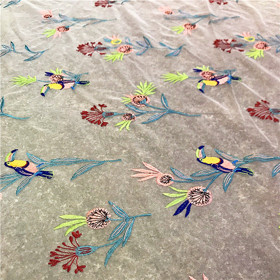 Parrot Floral Lace Fabric Birds Flowers Embroidered on White | Etsy