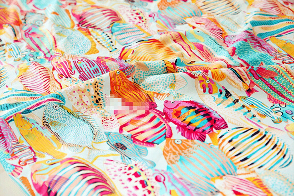 Color Fish Cotton Fabric Blue Ocean Beach Style Tropics Shabby | Etsy