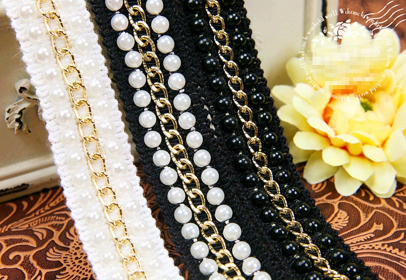 1 Yard Pearl Beaded Trim Metal Chain Trim Gold Tone Chain Lace - Etsy