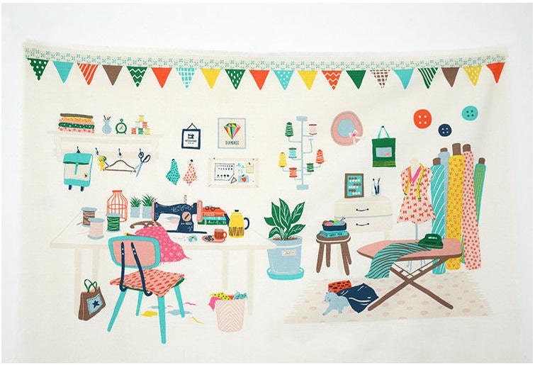 Cotton Linen Fabric The Sewing Room Sweet Workroom Pattern | Etsy