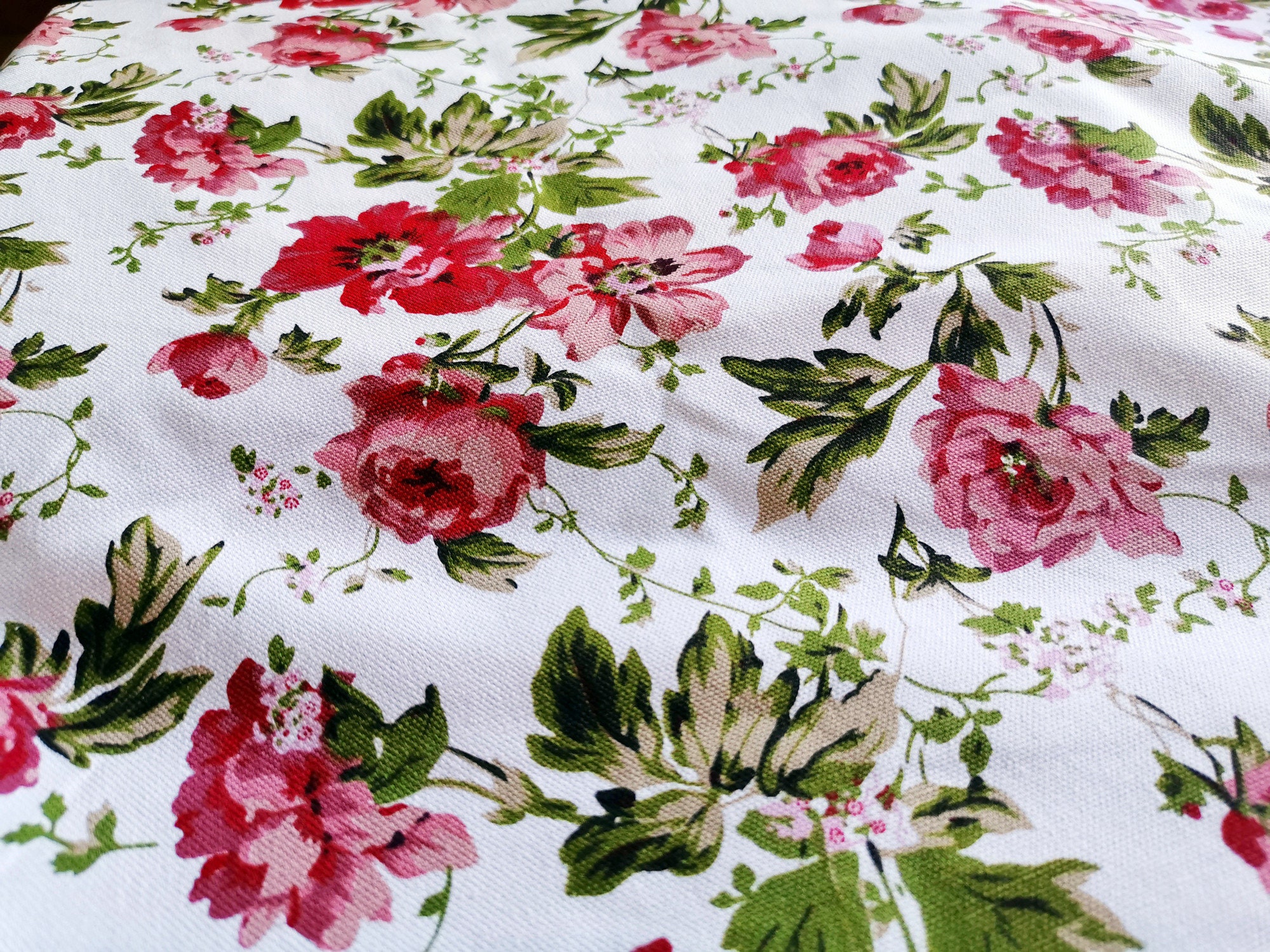 Red Flower Fabric Cotton Linen Fabric Shabby Chic Floral | Etsy