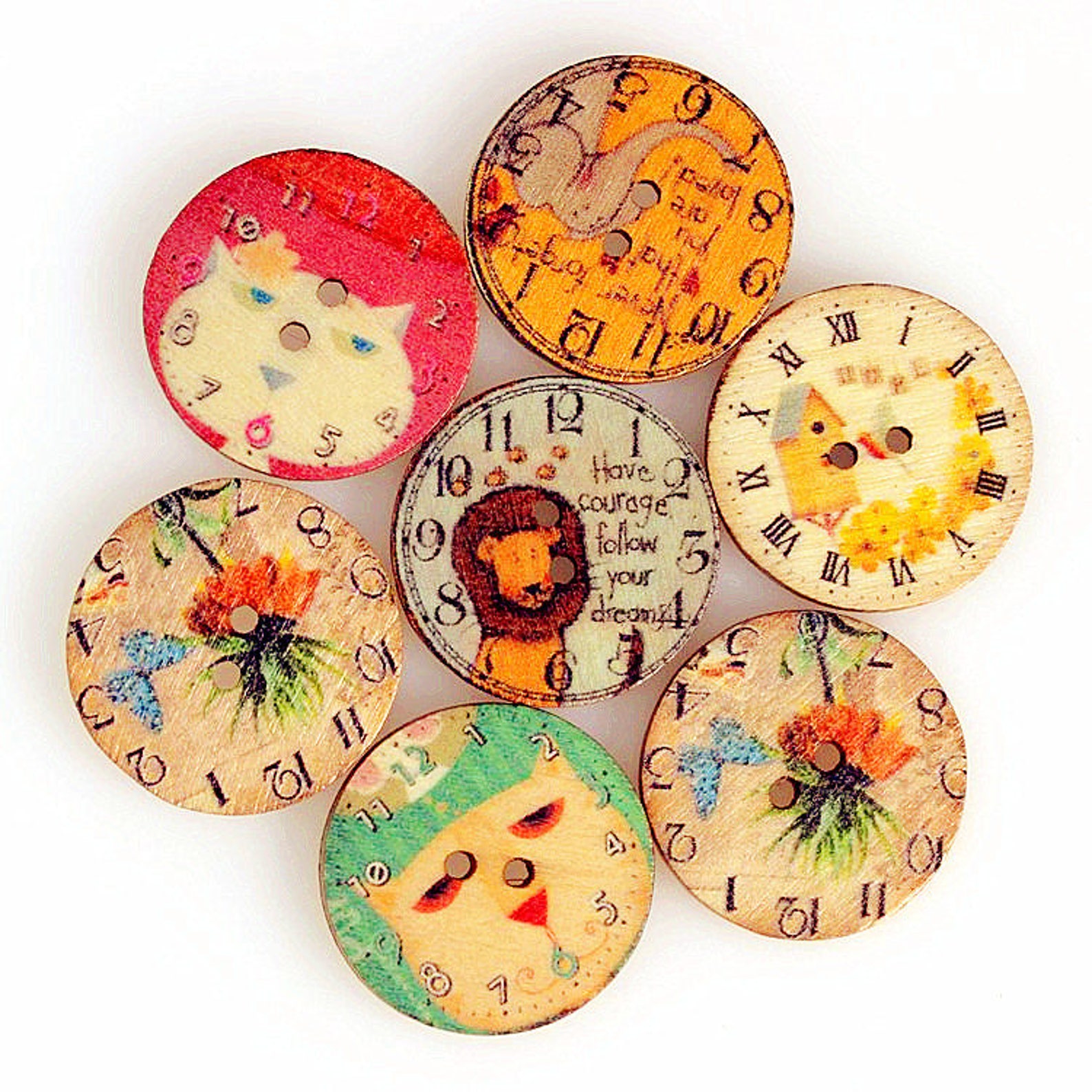 Vintage Wood Button Colorful Painted Clock Buttons Kids - Etsy