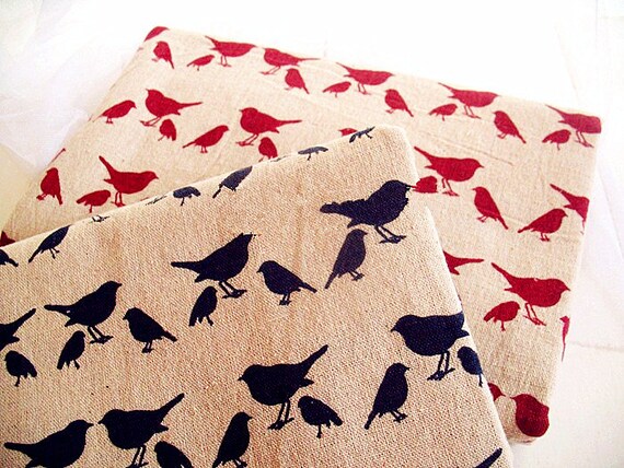 Cotton Linen Fabric Blue Red Magpies Shabby Chic Birds Fabric | Etsy