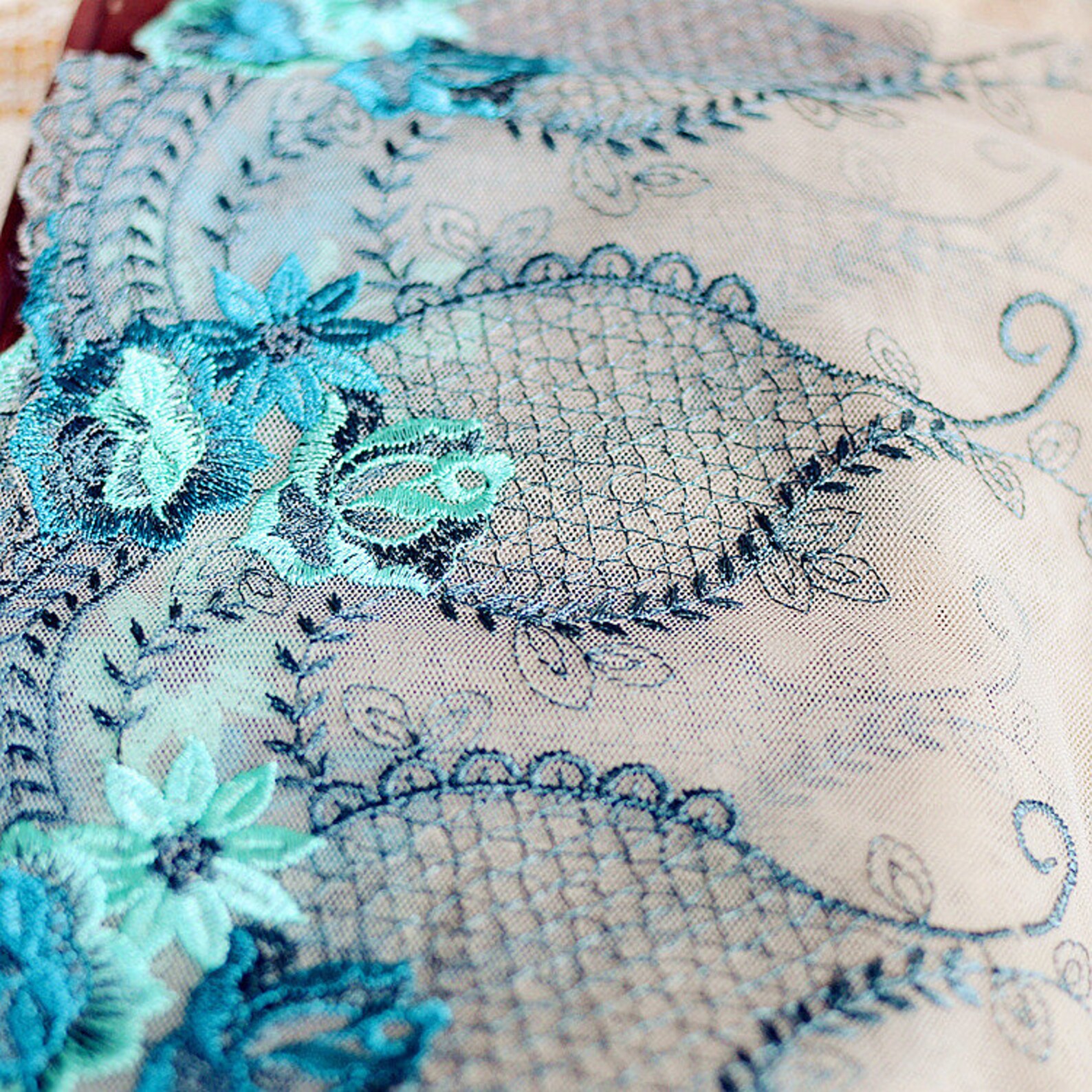 1 Yard Floral Lace Trim Flower Embroidery Aqua Bridal Lace | Etsy