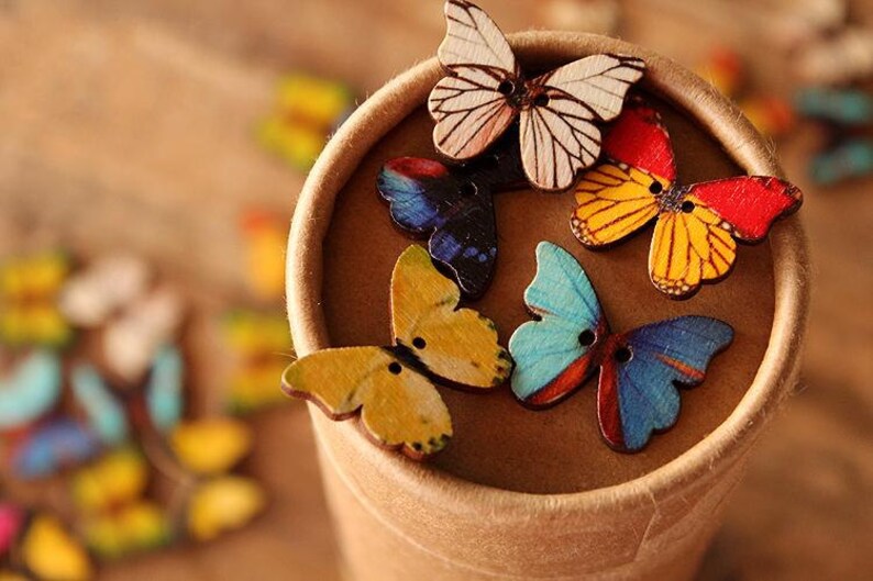 40pcs Wholesale Colorful Wooden Butterfly Buttons - Painted Colorful ...