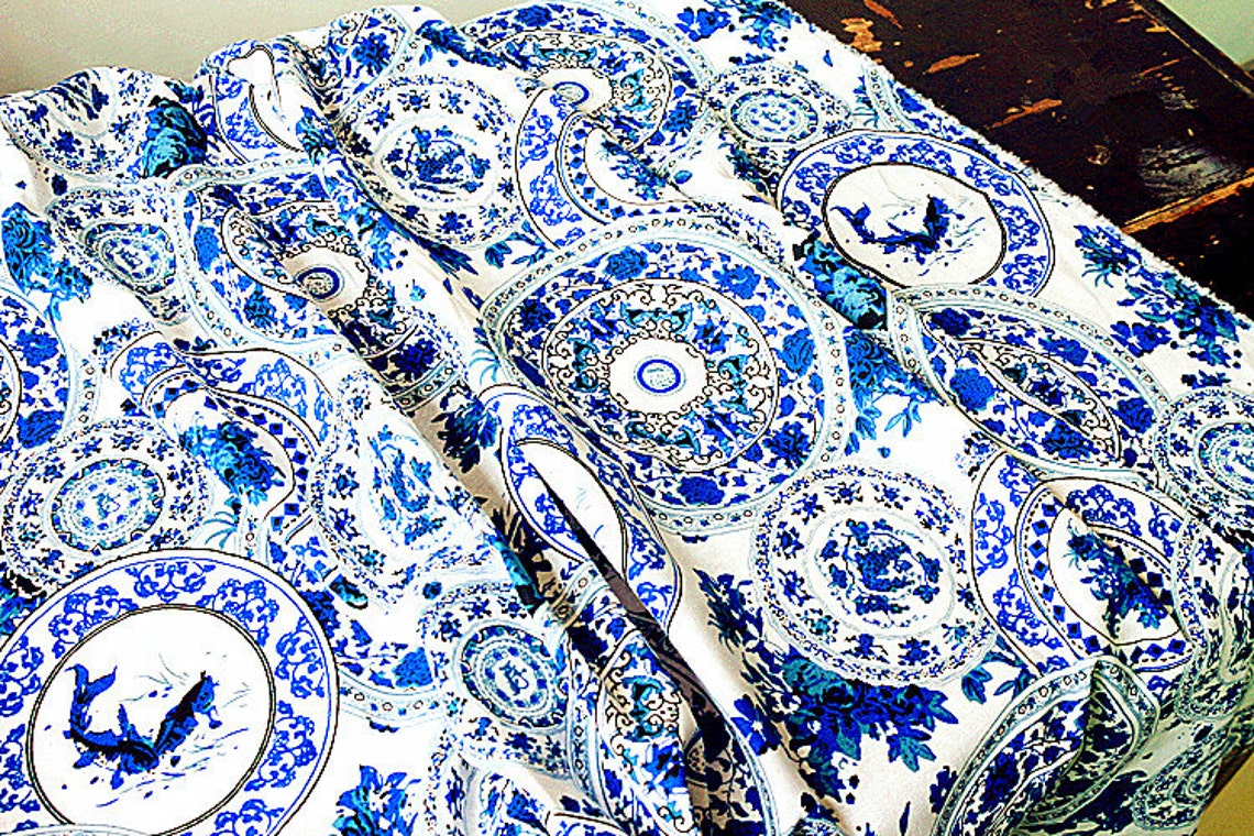 Chinese Style Blue and White Porcelain Flower Fabric Cotton | Etsy