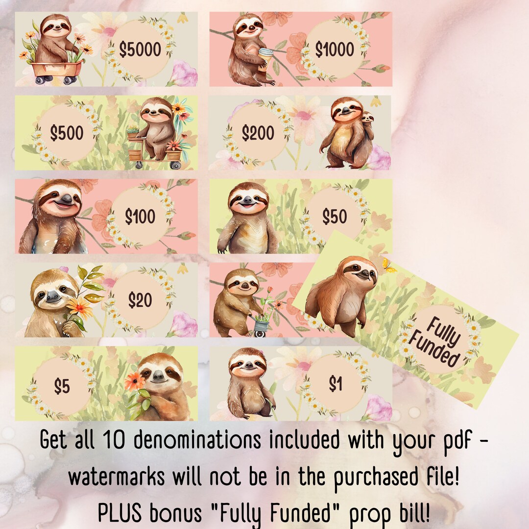 Sloth Prop Money - Cash Stuffing - Money Placeholders - 10 ...