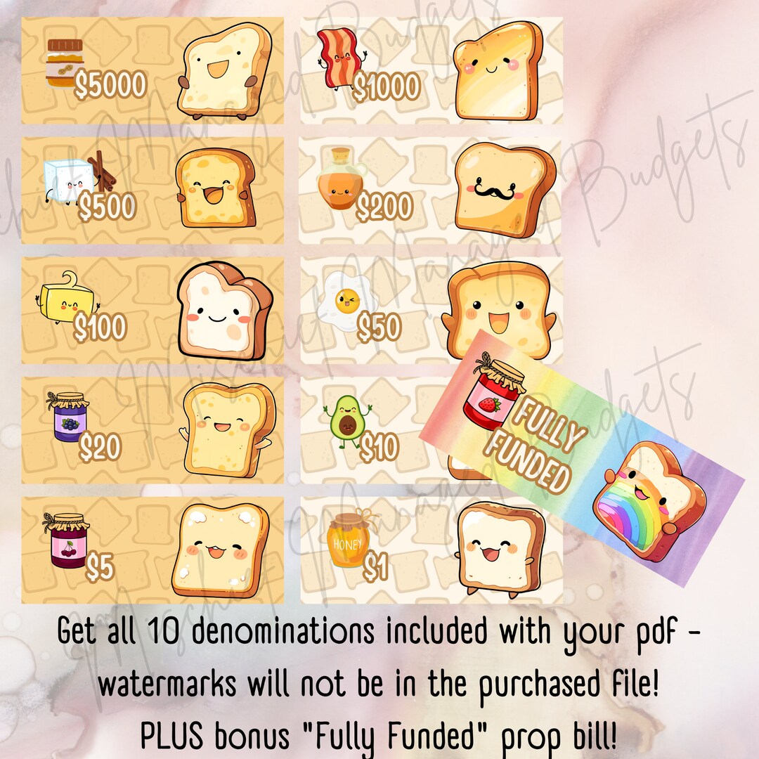 Cute Toast Prop Money - Cash Stuffing - Money Placeholders - 10 ...