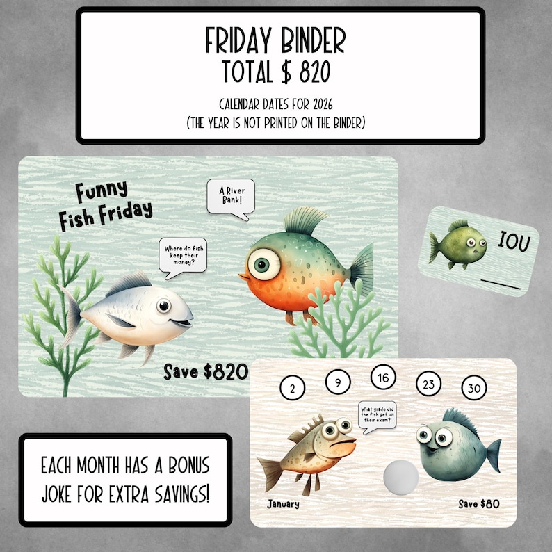 FRIDAY 2026 - Funny Fish Friday - Savings Challenge Binder - Save 820 ...
