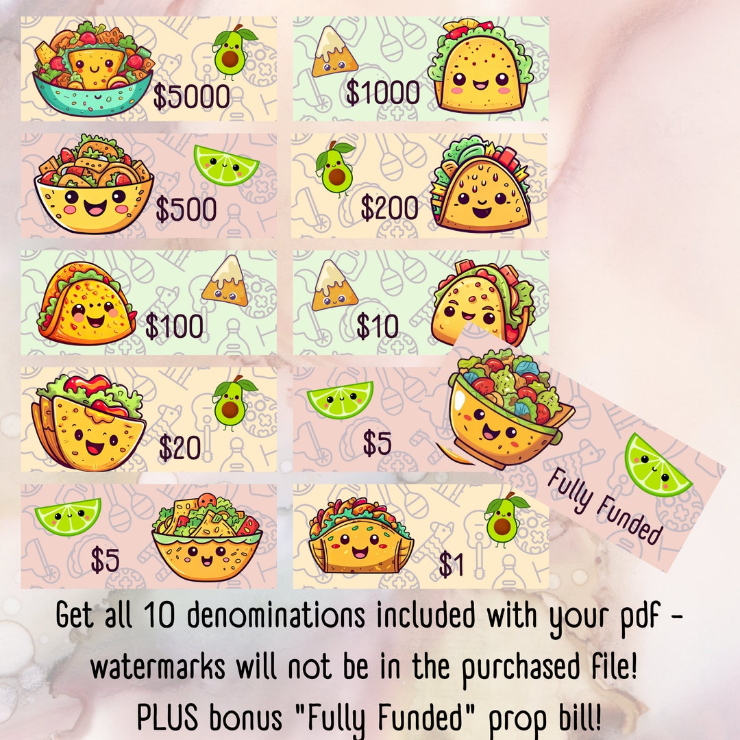 Taco Prop Money - Cash Stuffing - Money Placeholders - 10 Denominations ...