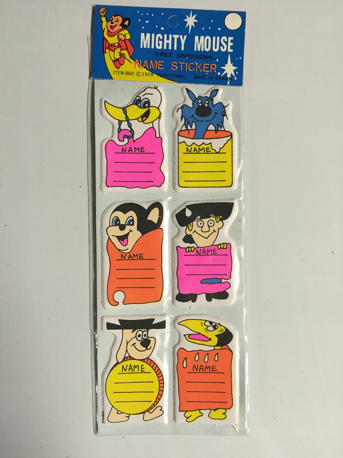 70s Mighty Mouse Puffy Name Sticker Package Mighty Mouse Deputy Dawg ...