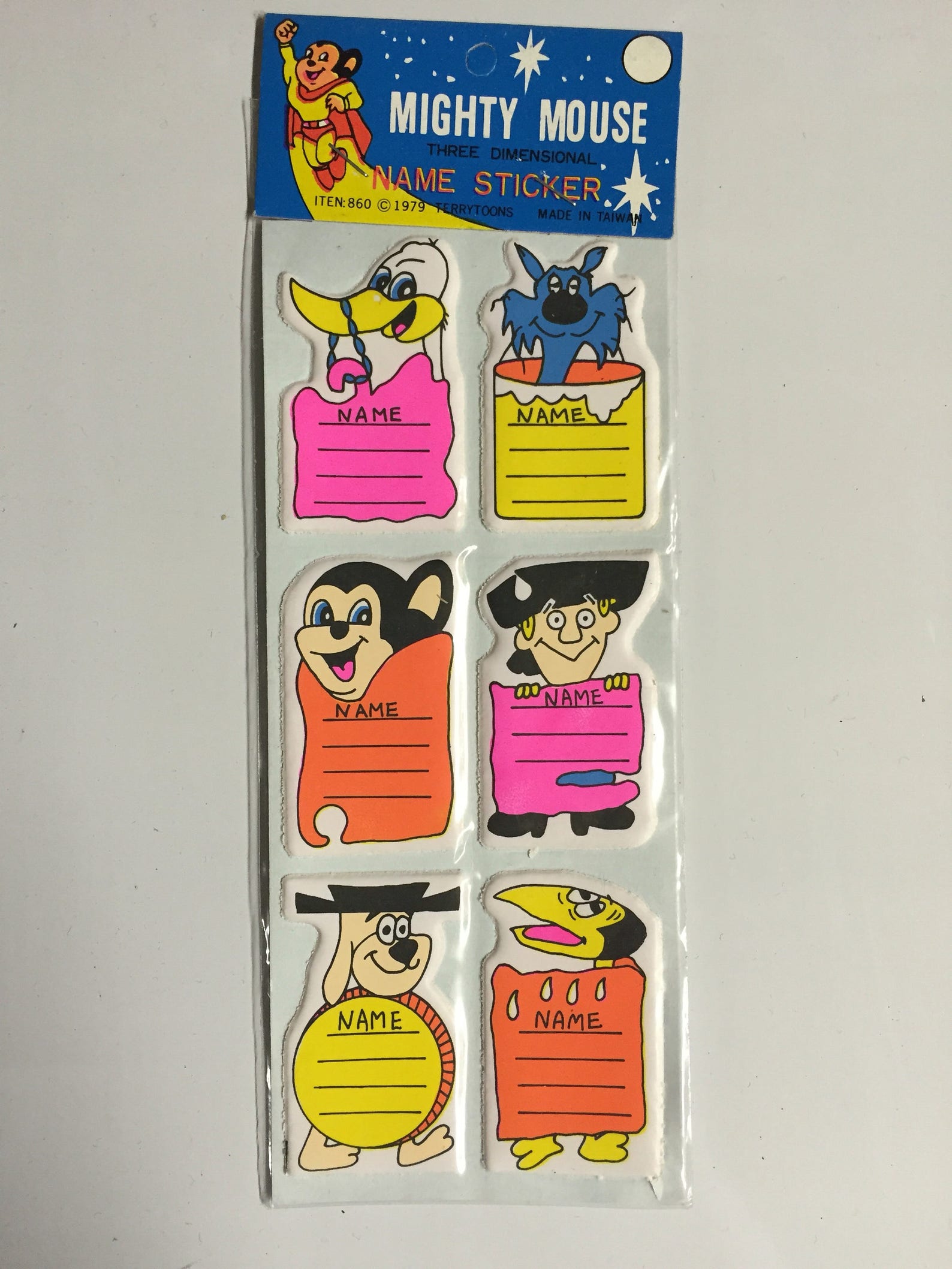 70s Mighty Mouse Puffy Name Sticker Package Mighty Mouse Deputy Dawg ...