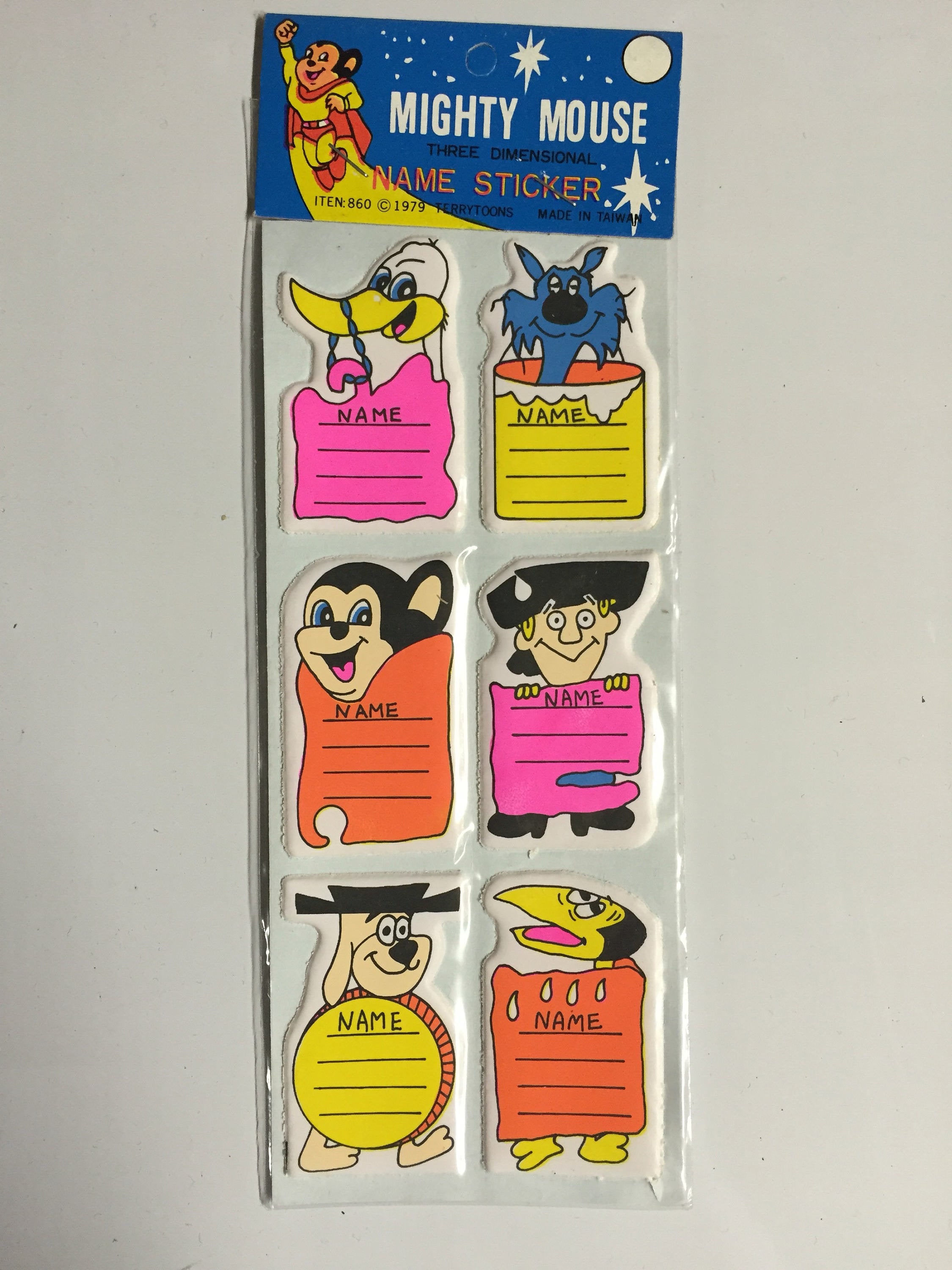70s Mighty Mouse Puffy Name Sticker Package Mighty Mouse Deputy Dawg ...