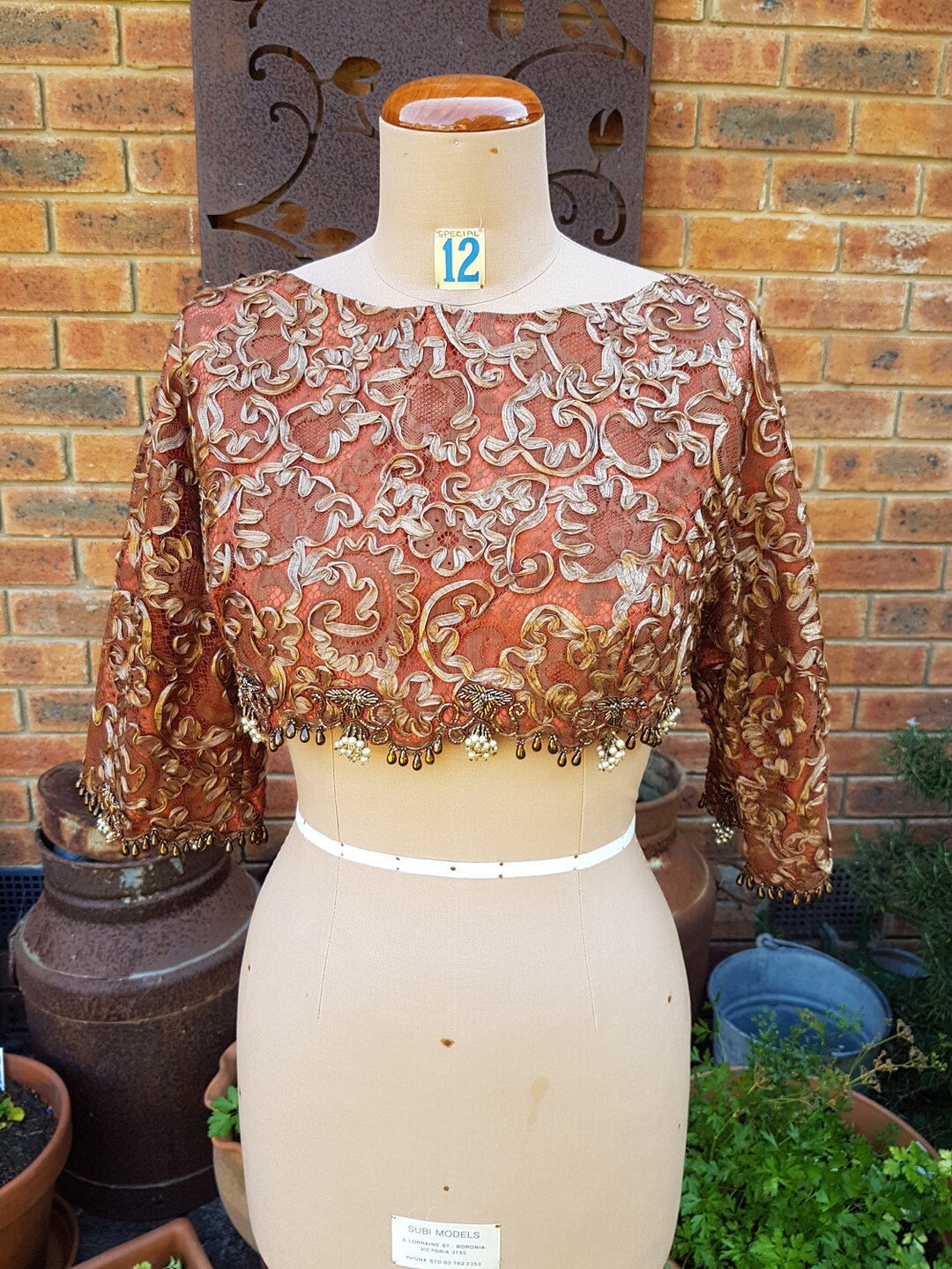 60s Vintage Evening Top Size S 10 Retro Bronze Lace Beaded Cropped ...
