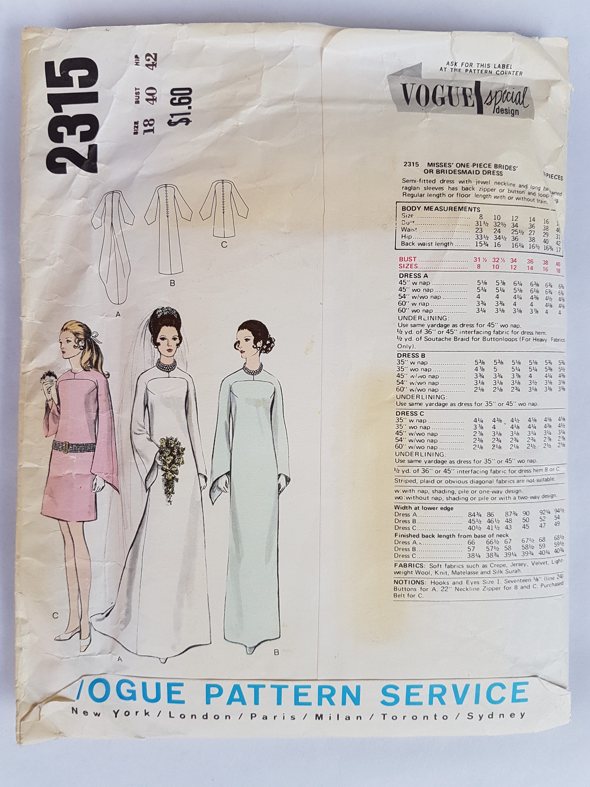 70s Rare Vintage Vogue Bridal Design 2315 Sewing Pattern, With ...