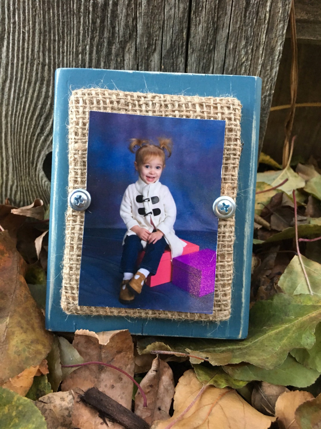 Wallet Size Stand Alone Photo Frame Rustic Brown or Blue With Burlap ...