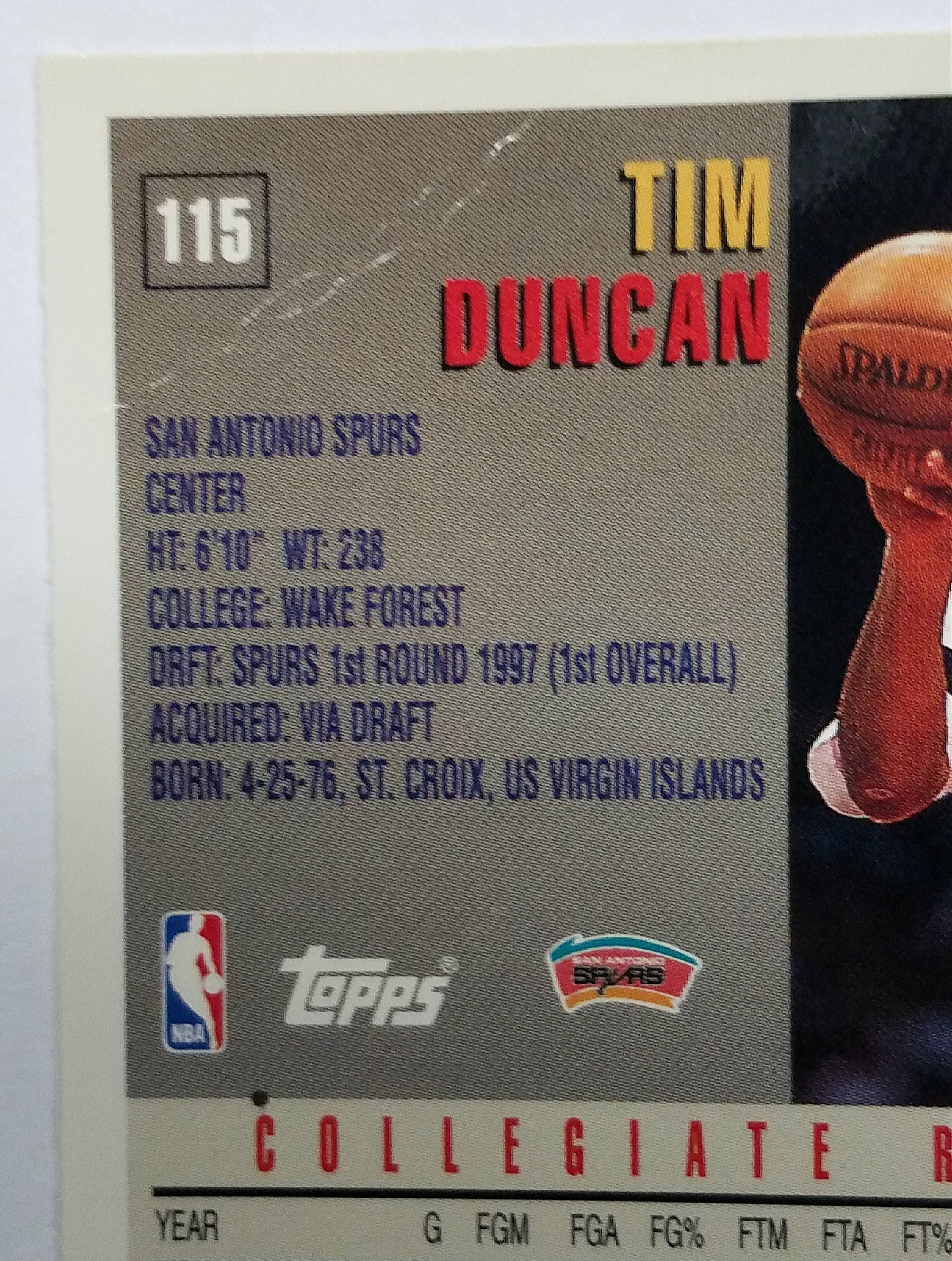 1997 Topps 115 Tim Duncan ROOKIE Gold Lettered Spurs Wake Forest NBA ...