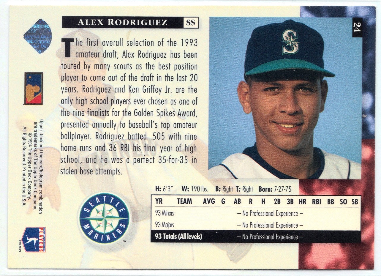 1994 Upper Deck #24 Alex Rodriguez ROOKIE, A-rod, Mariners, Yankees - Etsy