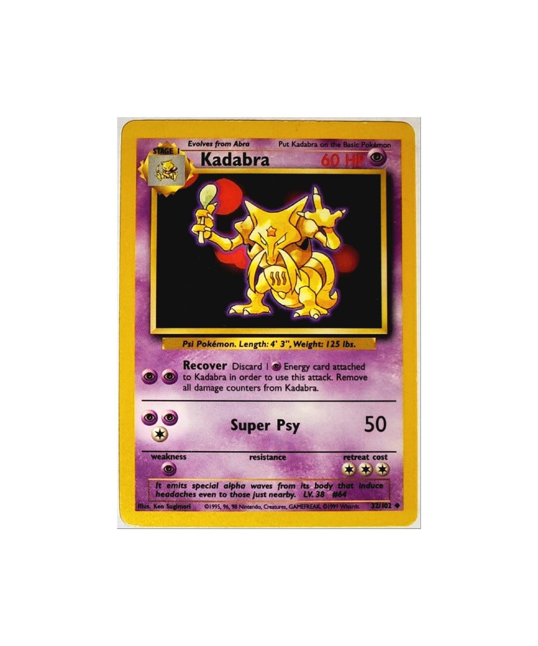 Kadabra 32/102 Pokemon Base Set, Unlimited Edition, 1999, TCG - Etsy