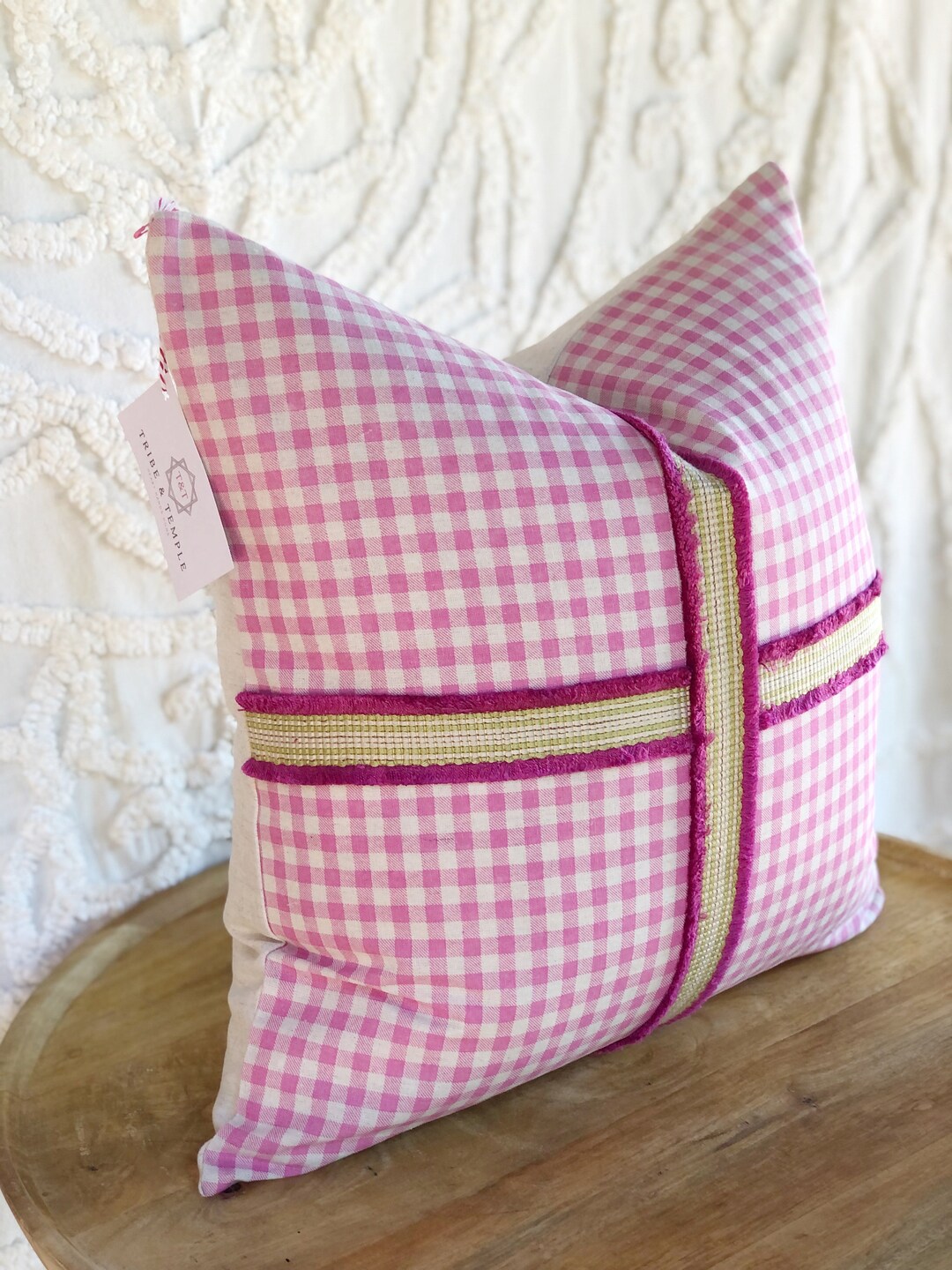 ONE ONLY Pink Check Linen Cushion Cover With Fringe Trim, Gingham ...