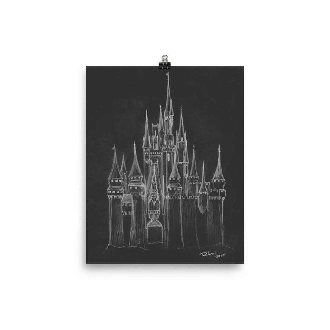 Disney's Cinderella Castle 8 X 10 White on Black Disney Castle Pencil ...