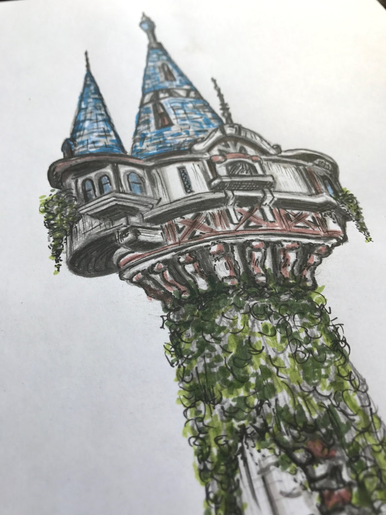 Rapunzel Tower 8x10 print Tangled Pen and Ink Disney | Etsy