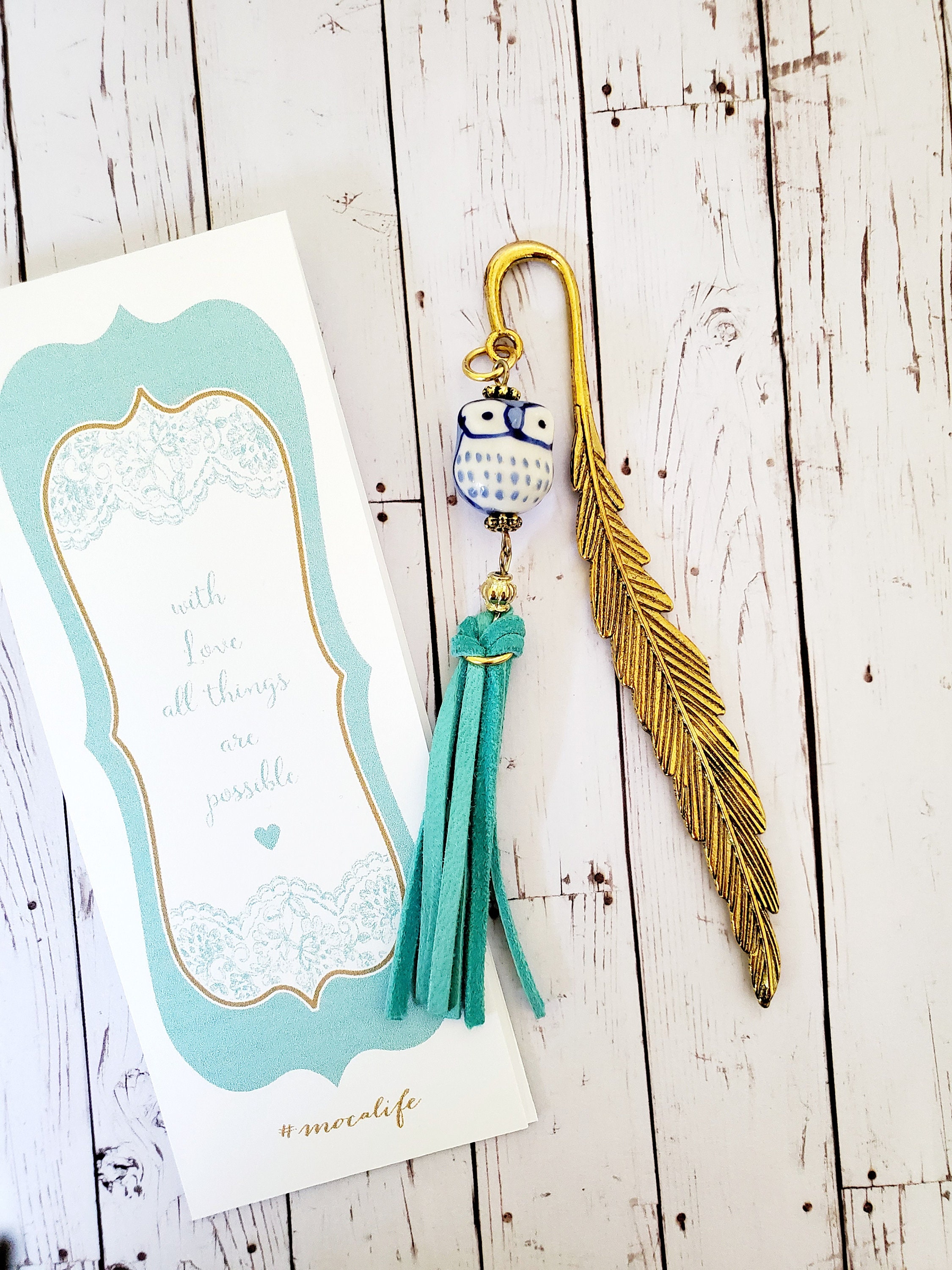 Gold Feather Metal Vintage Bookmark or Keychain With Cute Owl Charm ...