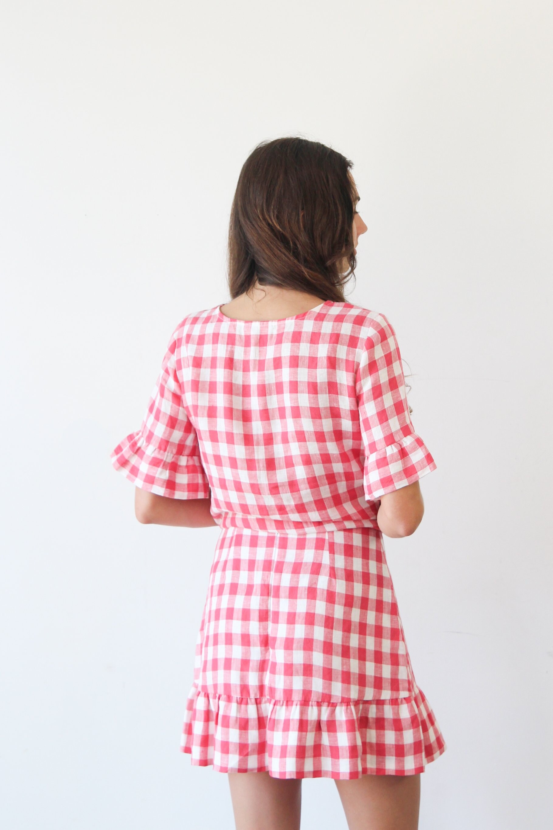 Gingham Linen Ruffle Sleeve Blouse. Ladies Red Check Top. - Etsy