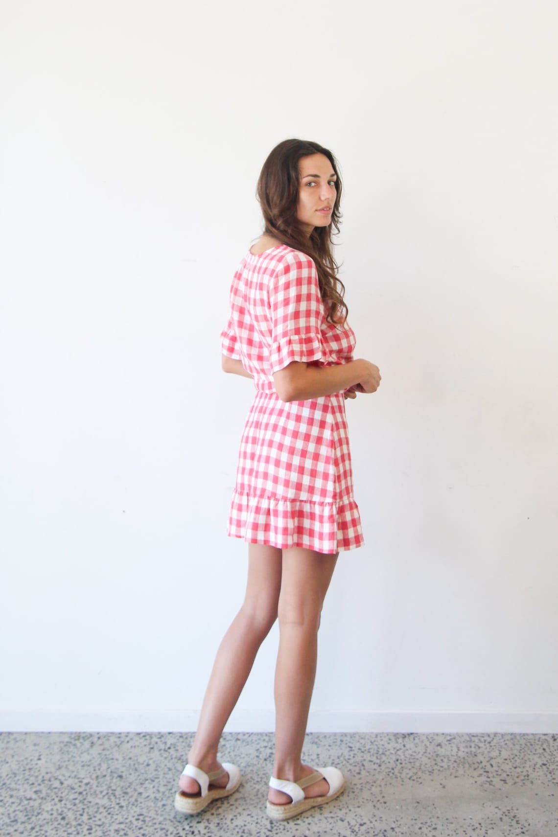 Gingham Linen Ruffle Sleeve Blouse. Ladies Red Check Top. - Etsy