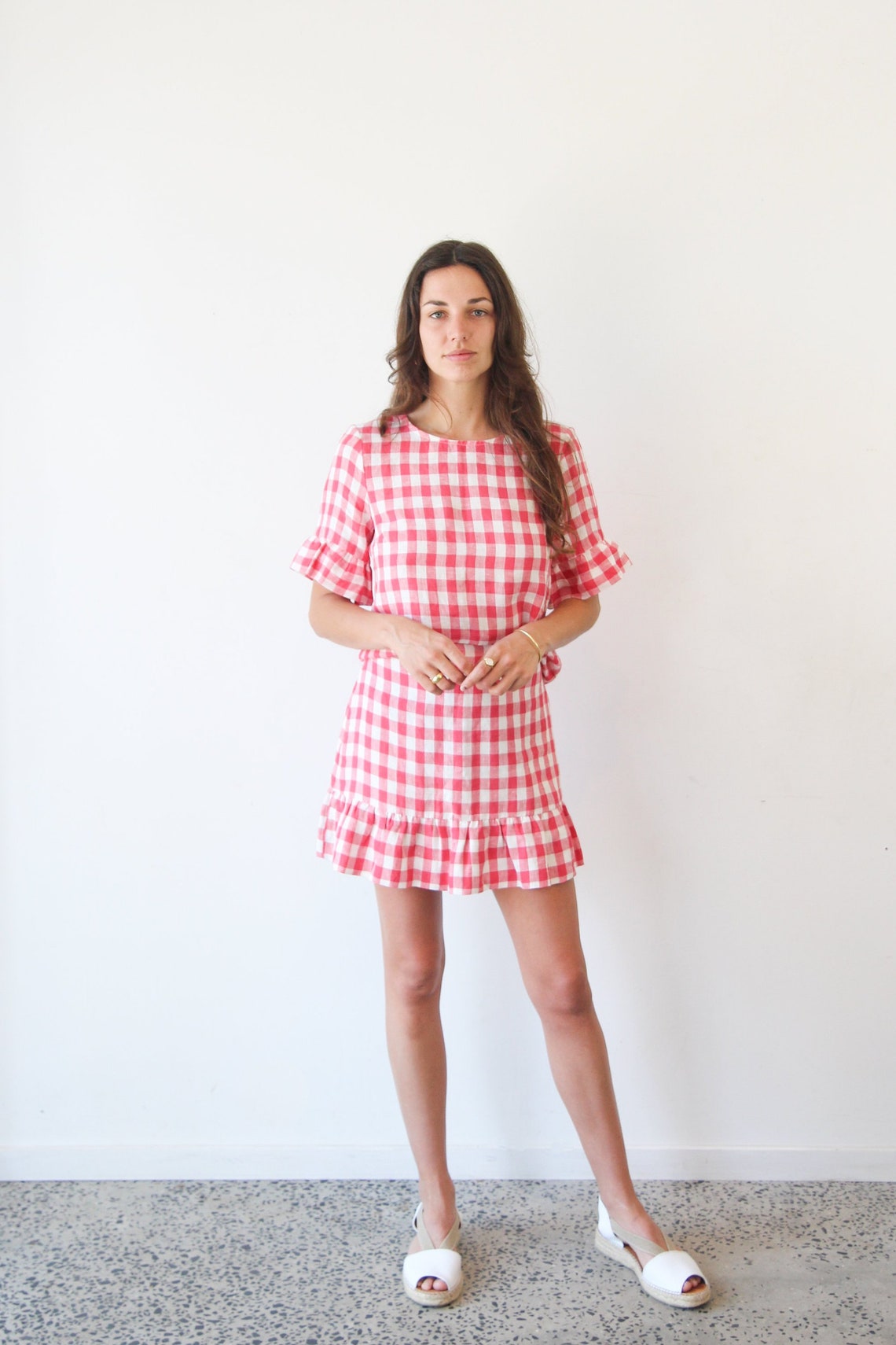 Gingham Linen Ruffle Sleeve Blouse. Ladies Red Check Top. - Etsy