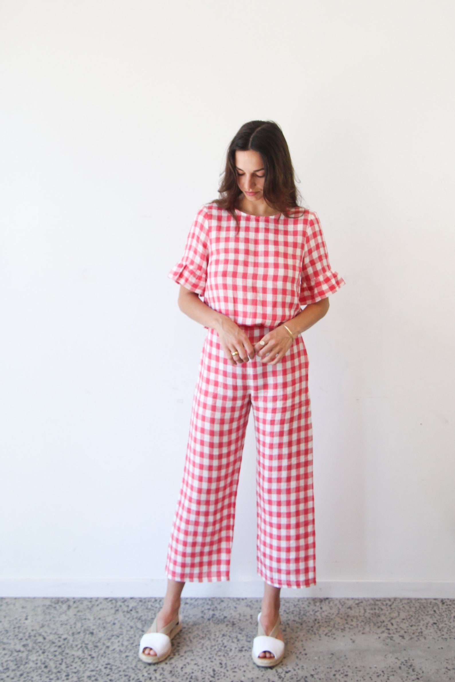 Gingham Linen Ruffle Sleeve Blouse. Ladies Red Check Top. - Etsy