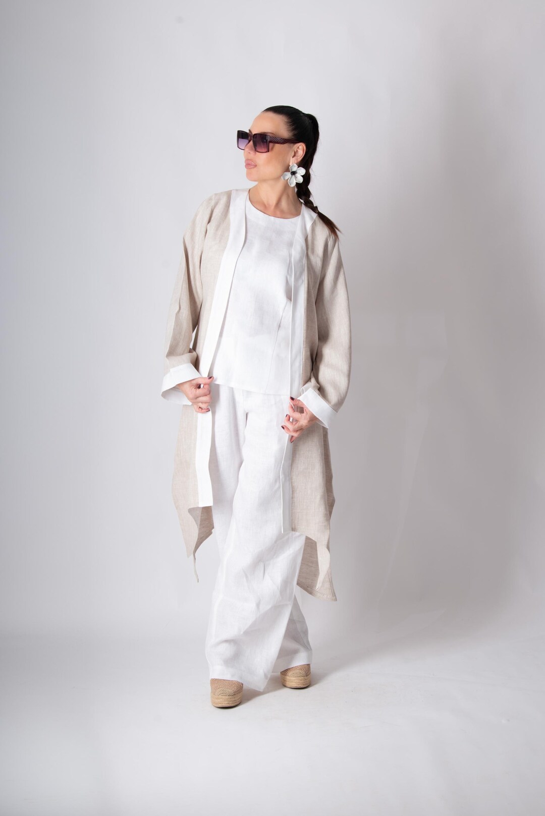 White Women Co Ord Set, 3-piece Linen Summer Set, Full Sleeve Set With ...