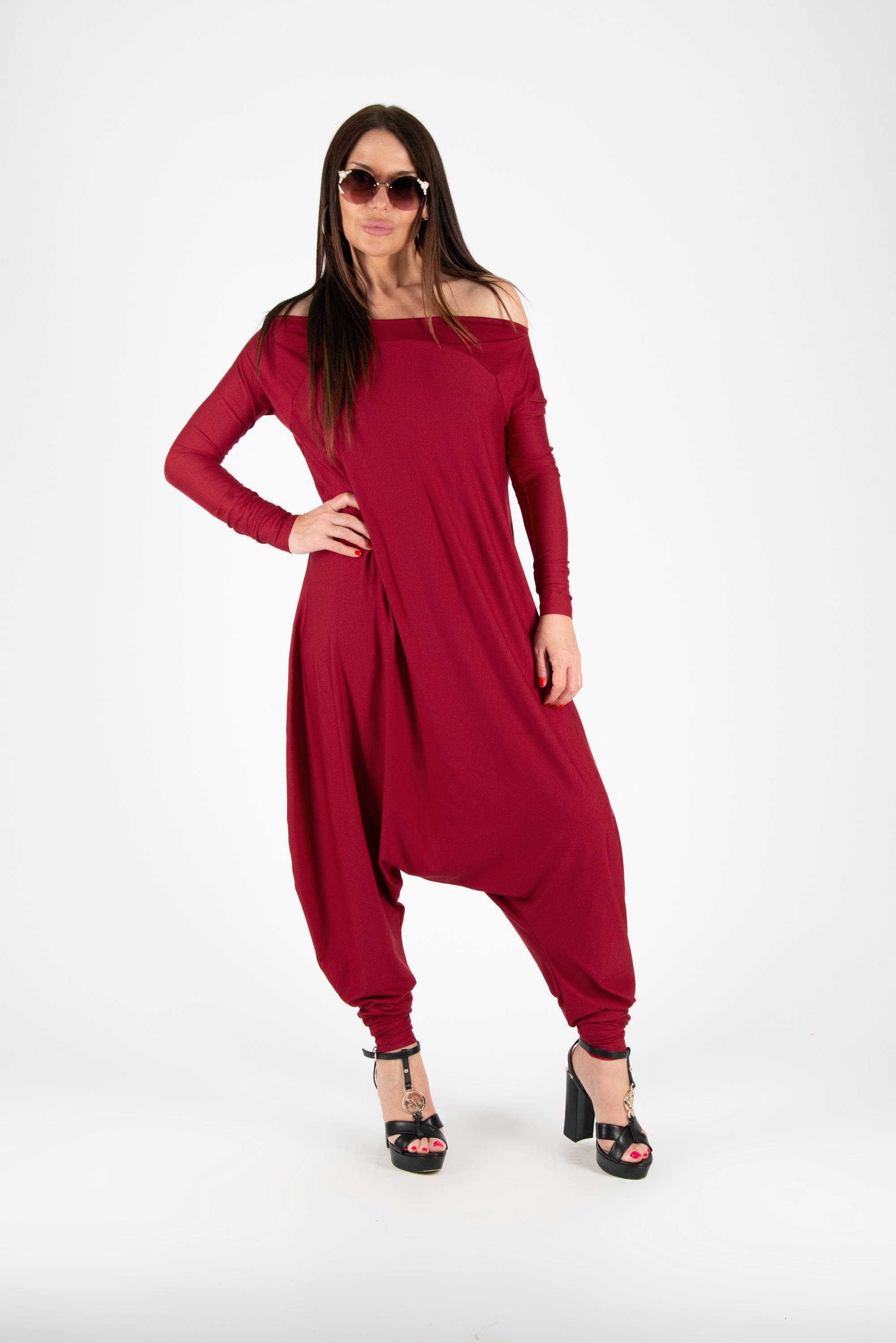 Red Cotton Harem Jumpsuit, Drop Crotch Maxi Romper Marla - Etsy