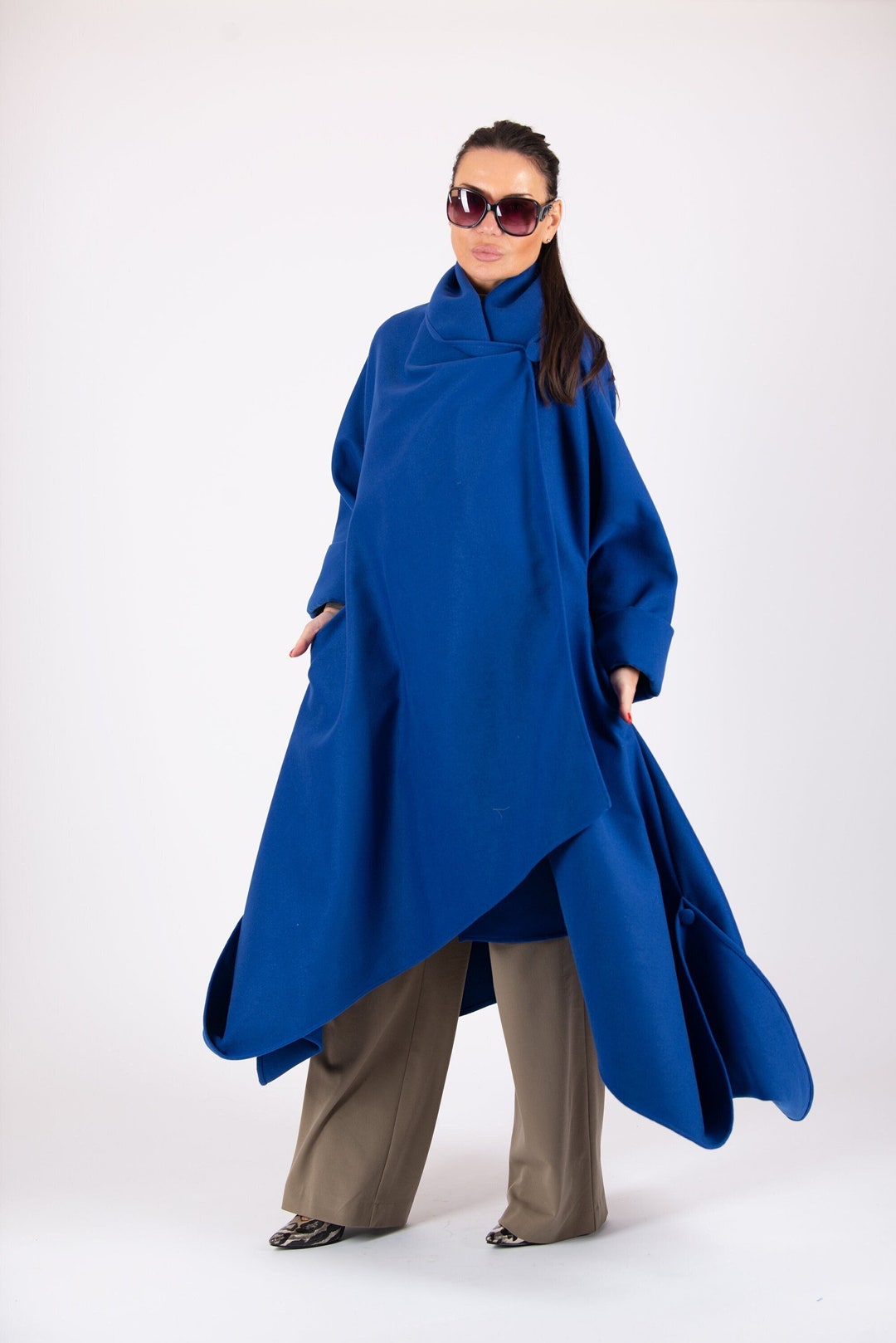 Royal Blue Wool Cape Coat, Asymmetrical Hem, Winter Overcoat Renata - Etsy
