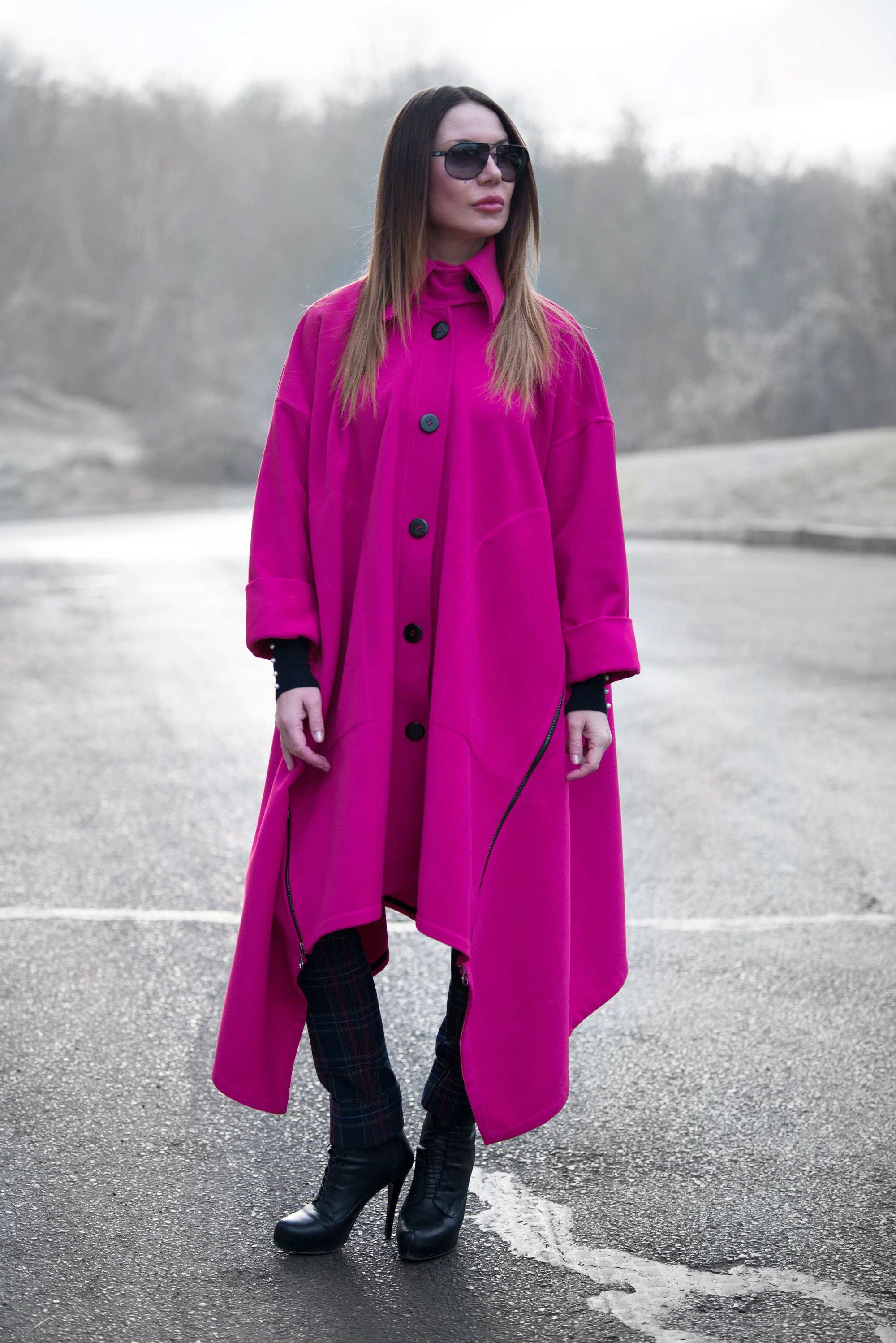 Hot Pink Wool Cape Coat, Asymmetric Plus Size Winter Coat Federica - Etsy