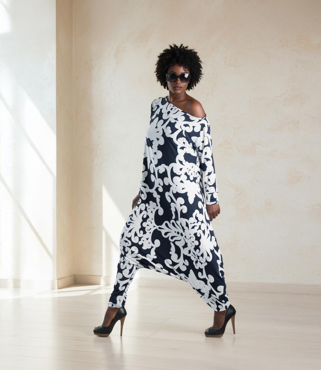 Navy Floral Harem Jumpsuit, Long Sleeve Boho Jumpsuit, Cotton Lycra ...