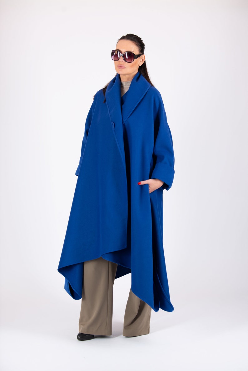 Royal Blue Wool Cape Coat, Asymmetrical Hem, Winter Overcoat Renata - Etsy