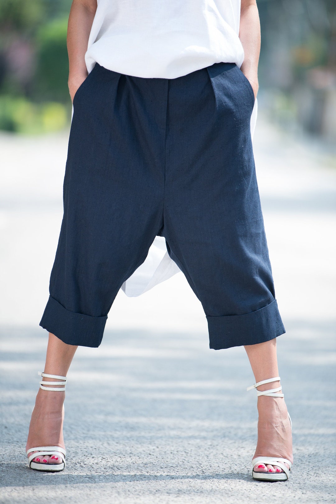 Navy Linen Pants for Women, Linen Pants Knee Length, Casual Drop Crotch ...
