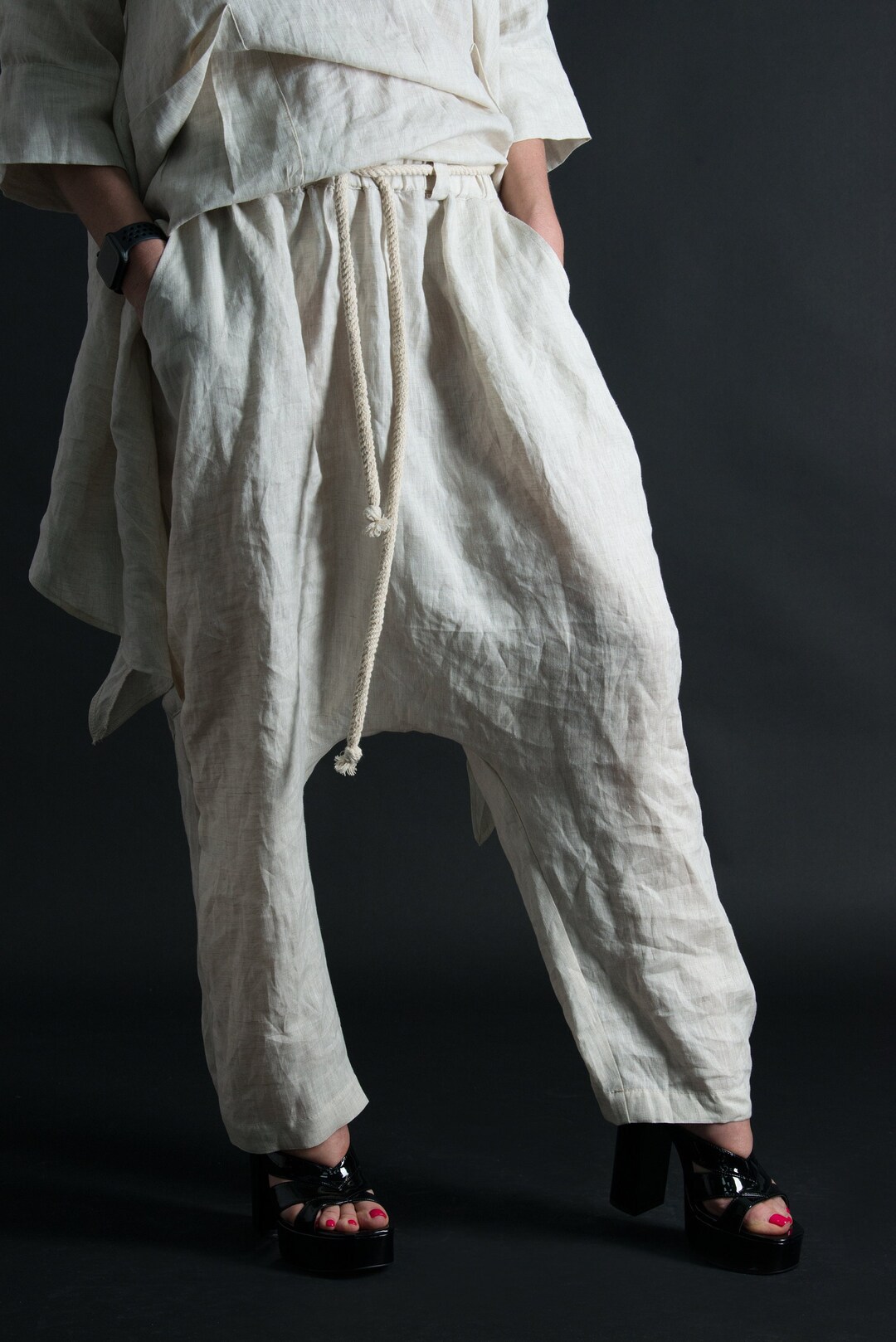 Natural Linen Pants, Women's Drop Crotch Pants, Linen Harem Pants ,wide ...