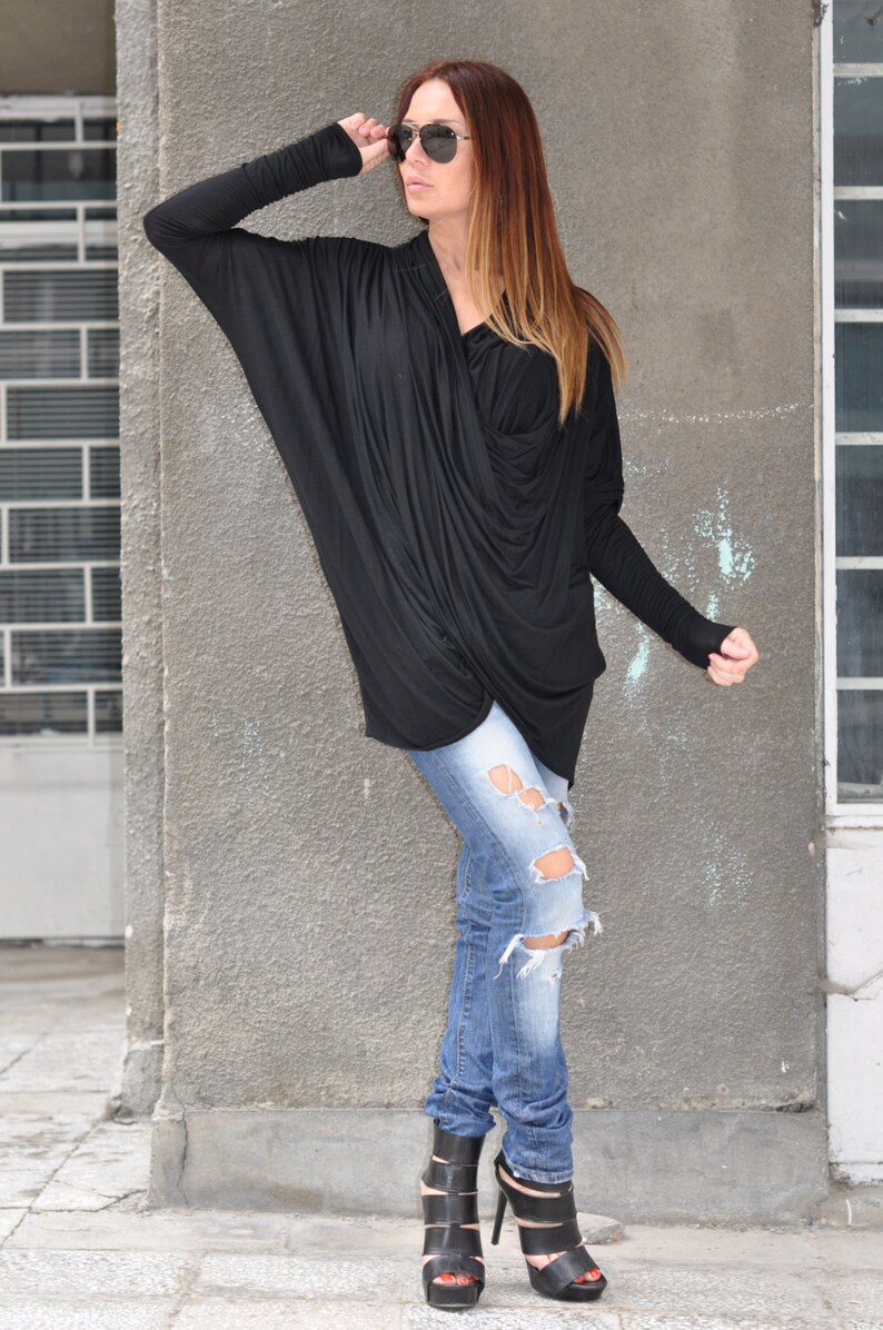 Black Cotton Maxi Tunic Tops For Womens Extravagant Loose Etsy