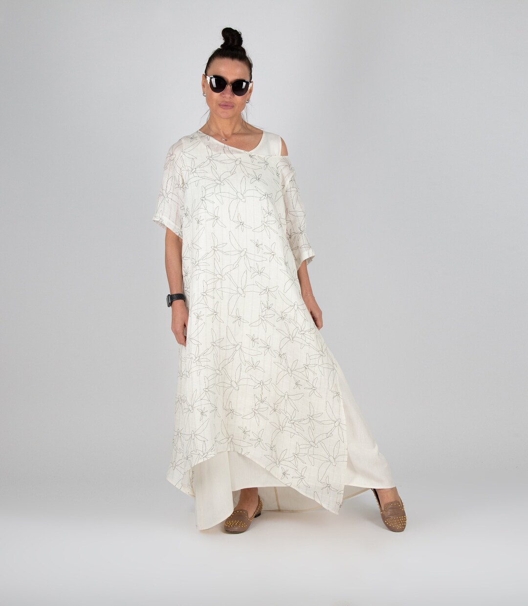 Two Piece Loose Linen Dress for Women, White Floral Kaftan Dress ...