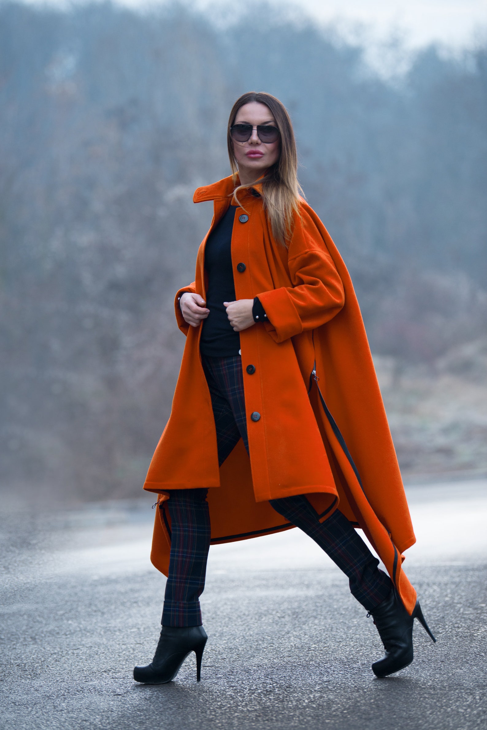 Orange Wool Trench Coat, Maxi Cape, Asymmetric Zipper, Trendy Winter ...