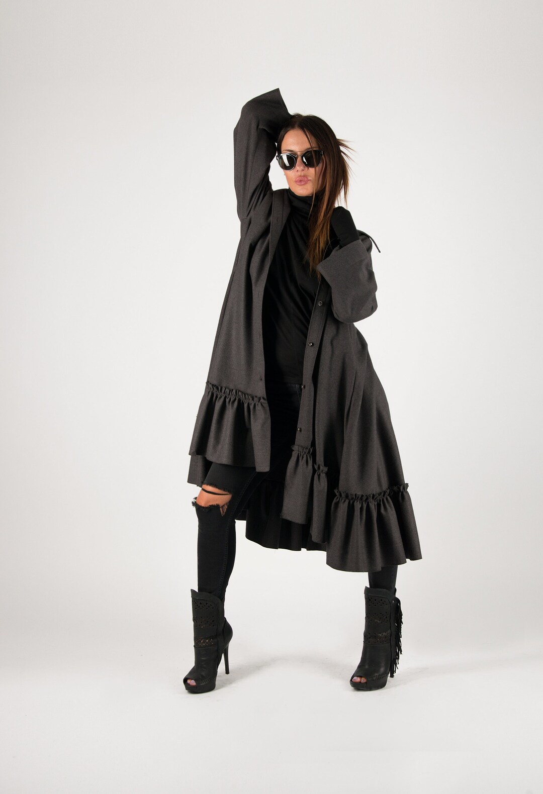 Wool Gothic Dress, Ruffle Steampunk Clothing, Plus Size Dress Tatiana ...