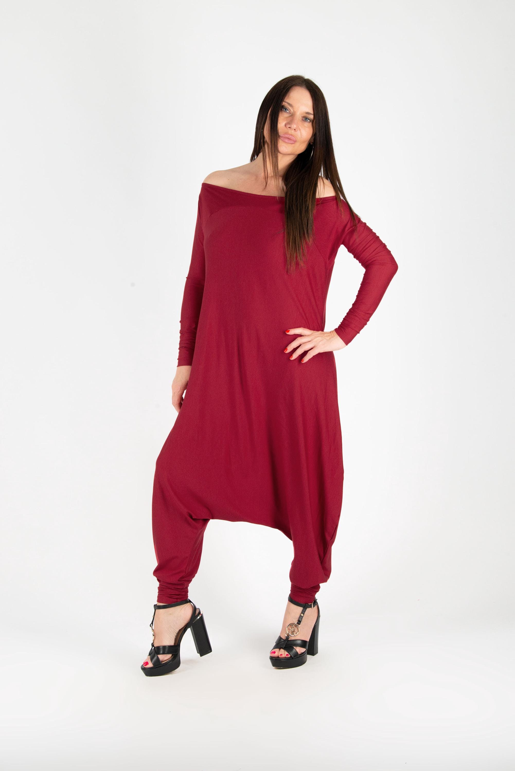 Red Cotton Harem Jumpsuit, Drop Crotch Maxi Romper Marla - Etsy